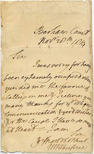 WILBERFORCE, William, letters, autographs, documents, manuscripts