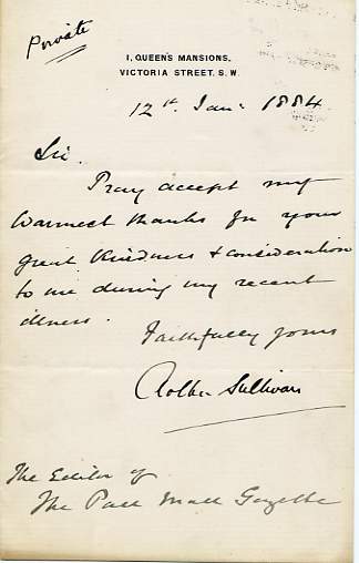 SULLIVAN, Sir Arthur, letters, autographs, documents, manuscripts