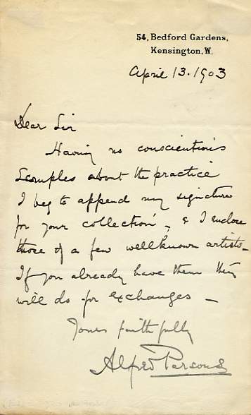 PARSONS, Alfred William, letters, autographs, documents, manuscripts