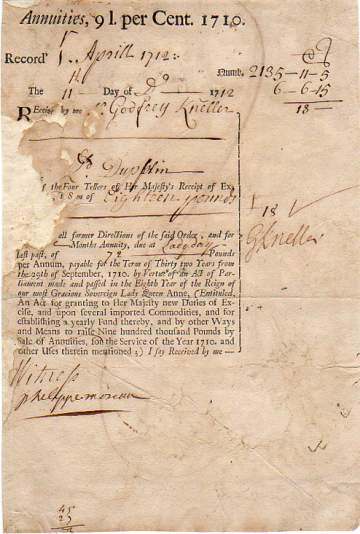 KNELLER, Sir Godfrey, letters, autographs, documents, manuscripts